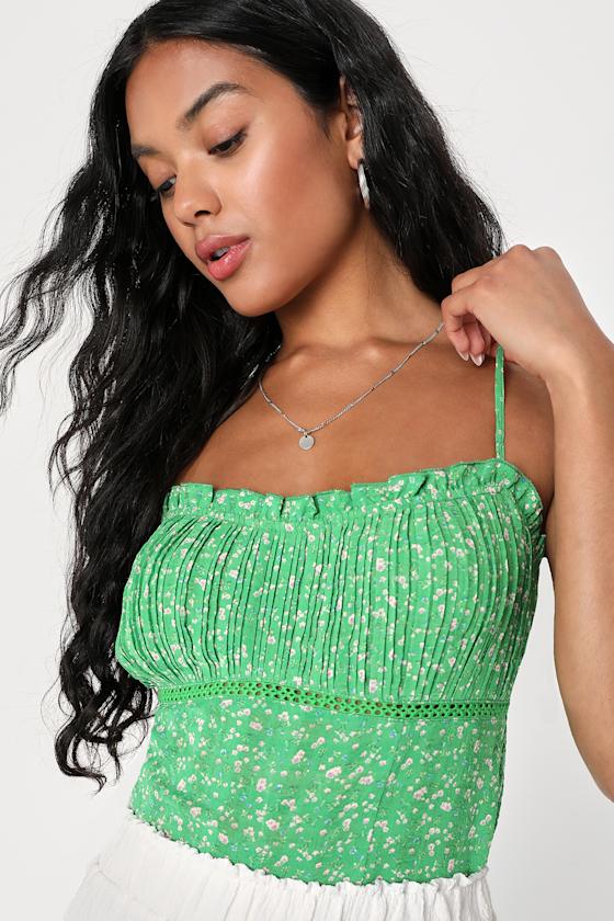 Green Floral Print Top - Pleated Tie-Back Top - Cute Tank Top - Lulus