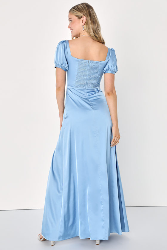 Light Blue Maxi Dress - Blue Satin Maxi Dress - Puff Sleeve Gown - Lulus