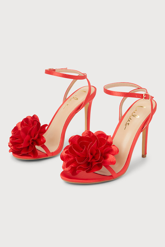 Red Satin Heels - Rosette High Heels - 3D Flower Heels - Lulus
