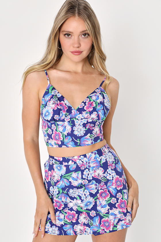 Floral Print Romper - Two-Piece Skort Romper - Blue 2PC Romper - Lulus