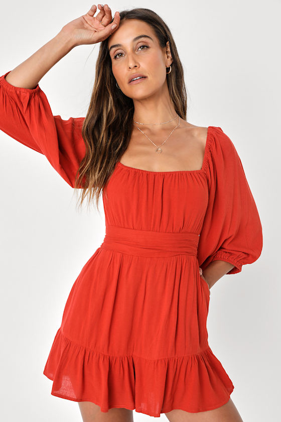 Rust Red Ruffled Romper - Puff Sleeve Romper - Tie-Back Romper - Lulus