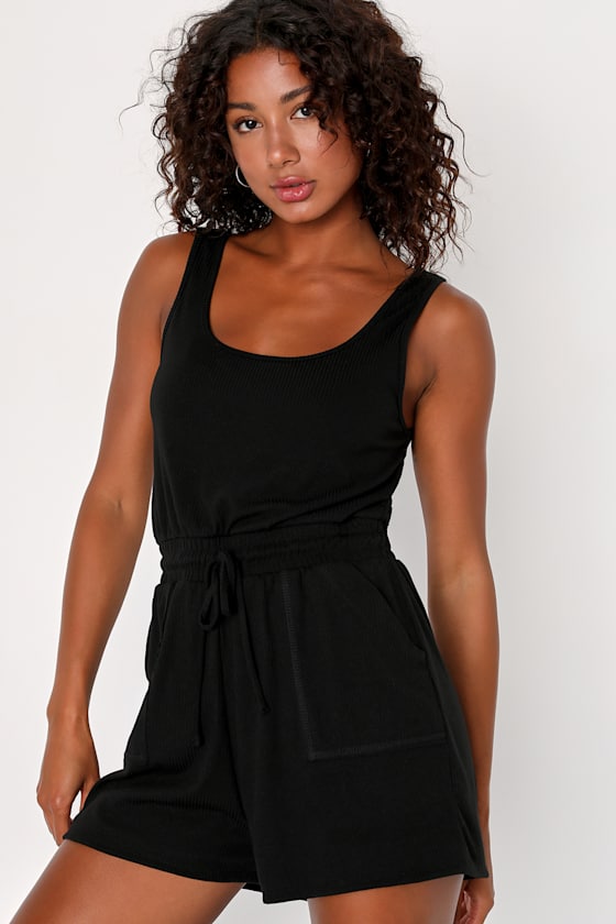 Black Lounge Romper - Black Ribbed Romper - Drawstring Romper - Lulus