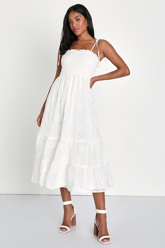 White Embroidered Dress - Smocked Tie-Strap Dress - Midi Dress - Lulus