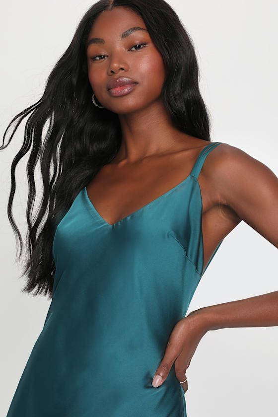 Dark Teal Dress - Satin Backless Slip Dress - Slip Maxi Dress - Lulus