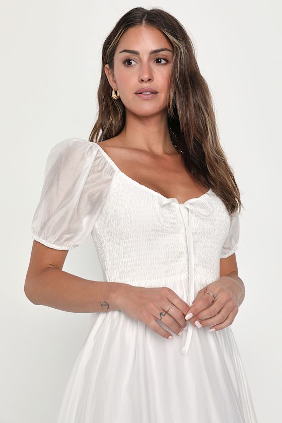 Smocked Midi Dress - Puff Sleeve Midi Dress - White Dress - Lulus