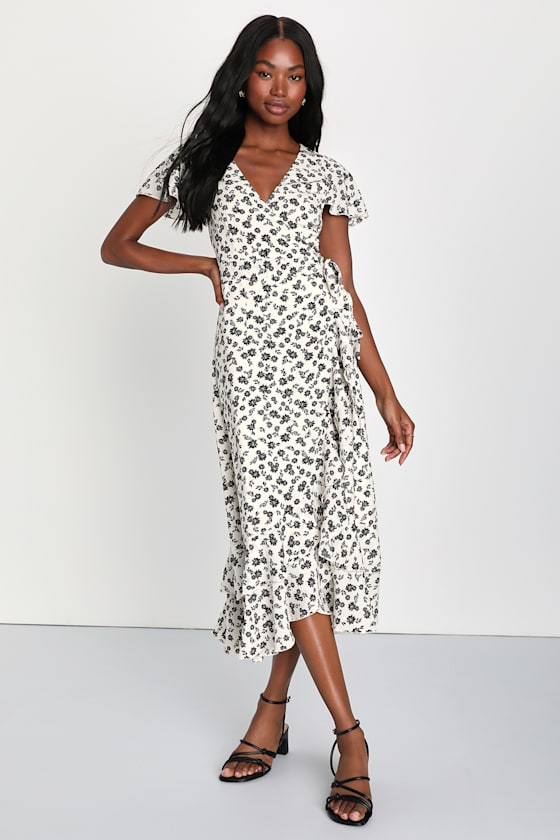 Ivory Floral Midi Dress - Floral Wrap Dress - Surplice Midi Dress - Lulus