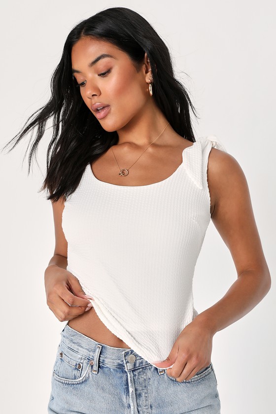 Cute Ivory Tank Top - Tie-Strap Tank Top - Crinkled Knit Tank Top - Lulus
