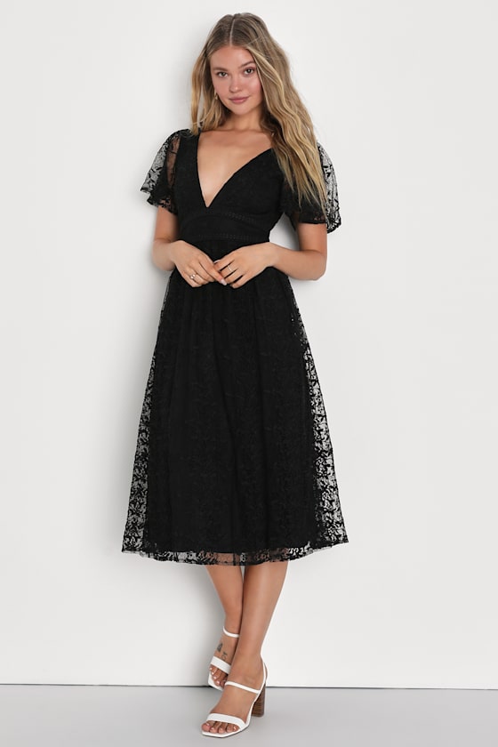 Black Embroidered Midi Dress - Lacy Tulle Midi Dress - Midi Dress - Lulus
