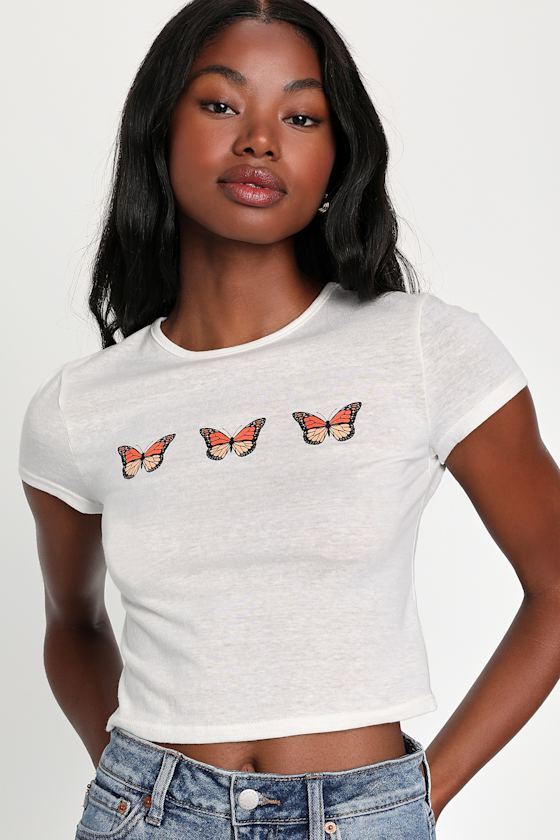 White Baby Tee - Butterfly Graphic Tee - White Butterfly Crop Top - Lulus