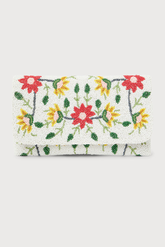 White Multi Colored Clutch - Floral Clutch - Beaded Clutch - Lulus