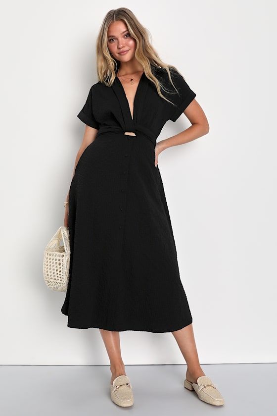 Black Dress with Pockets - Collared Midi Dress - Cotton Dress - Lulus