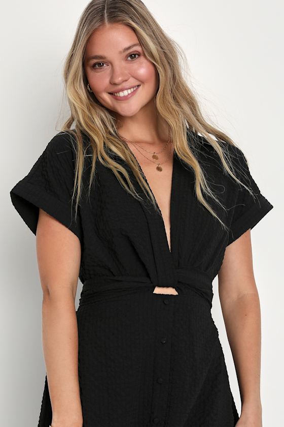 Black Dress with Pockets - Collared Midi Dress - Cotton Dress - Lulus