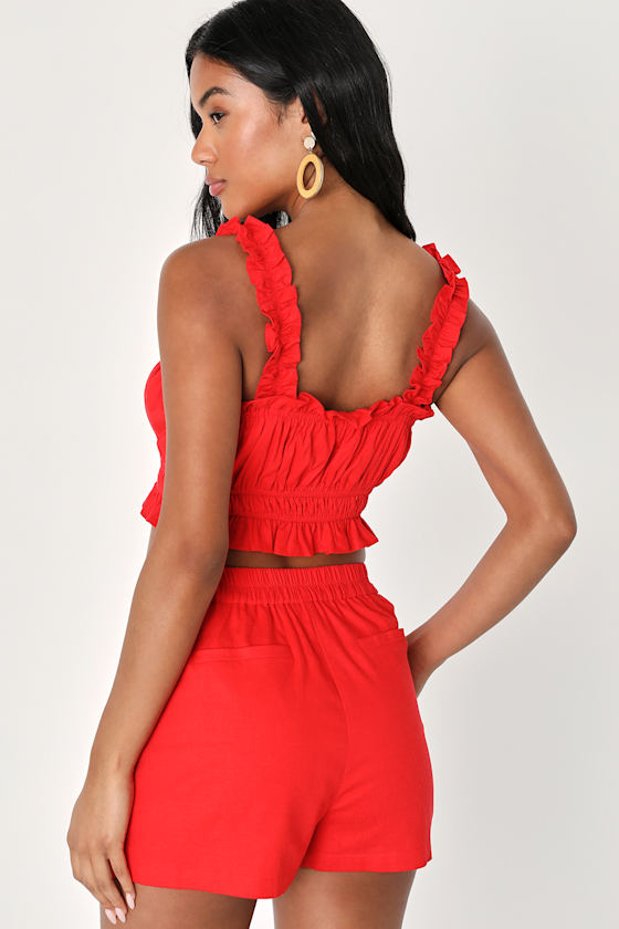 Red Ruffled Romper - Two-Piece Linen Romper - Cute 2-pc Set - Lulus