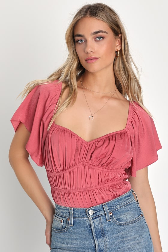 Pink Satin Top Ruched Sleeve Bodysuit Flutter Sleeve Top Lulus