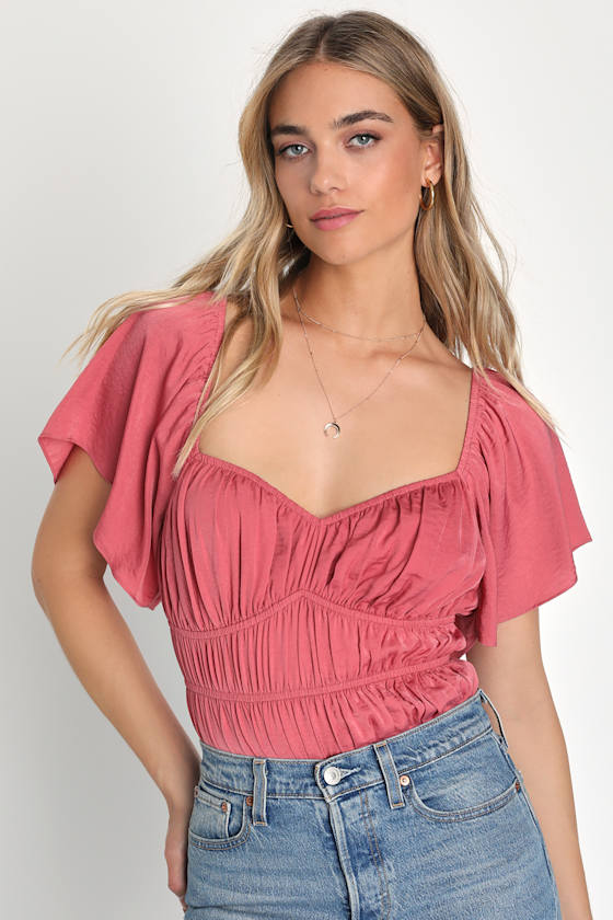 Pink Satin Top - Ruched Sleeve Bodysuit - Flutter Sleeve Top - Lulus