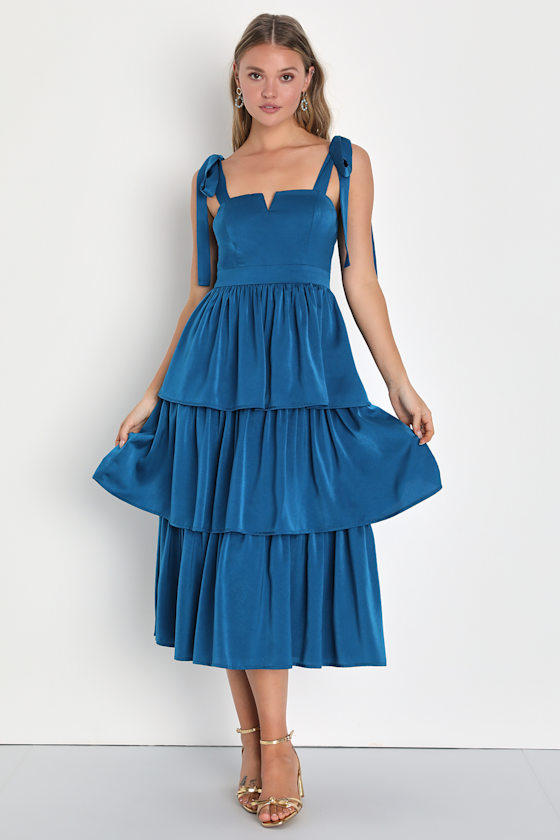Blue Satin Midi Dress - Blue Tiered Dress - Tie-Strap Dress - Lulus