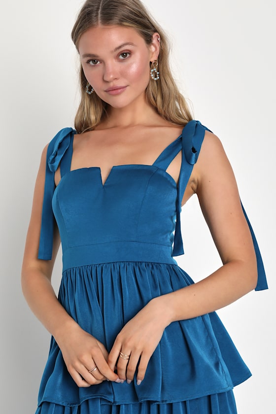 Blue Satin Midi Dress - Blue Tiered Dress - Tie-Strap Dress - Lulus