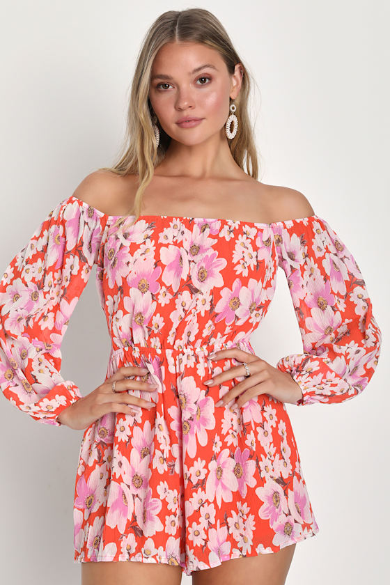 Orange Floral Romper - Off-the-Shoulder Romper - Plisse Romper - Lulus
