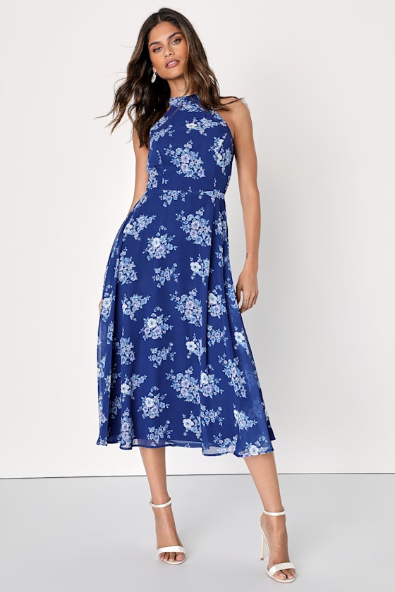 Blue Floral Print Dress - Mock Neck Dress - Tie-Back Midi Dress - Lulus