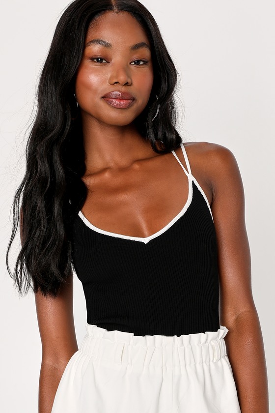 Black And White Bodysuit Ribbed Bodysuit Strappy Bodysuit Lulus