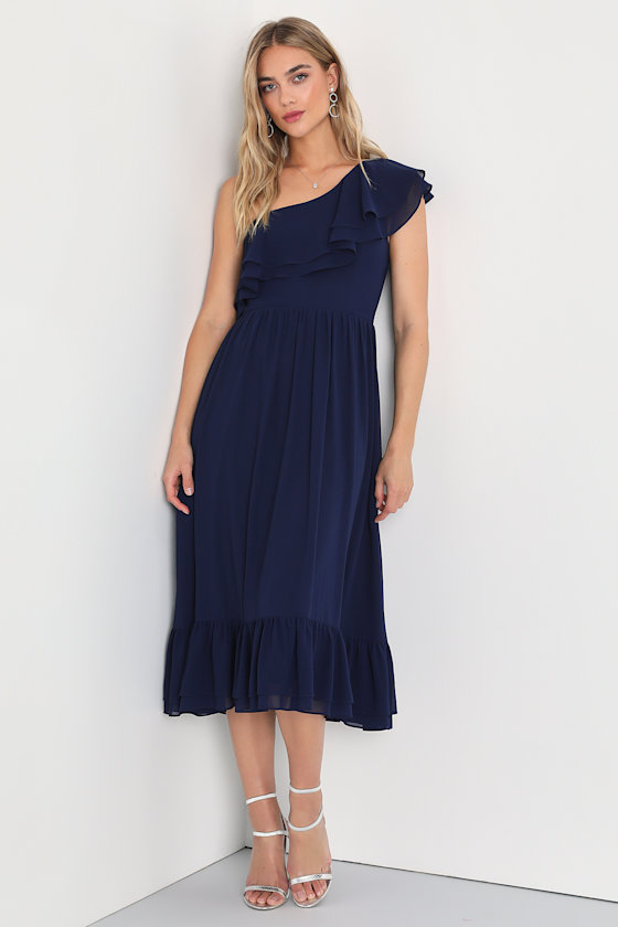 Navy Blue Midi Dress - Blue One-Shoulder Dress - Ruffled Dress - Lulus