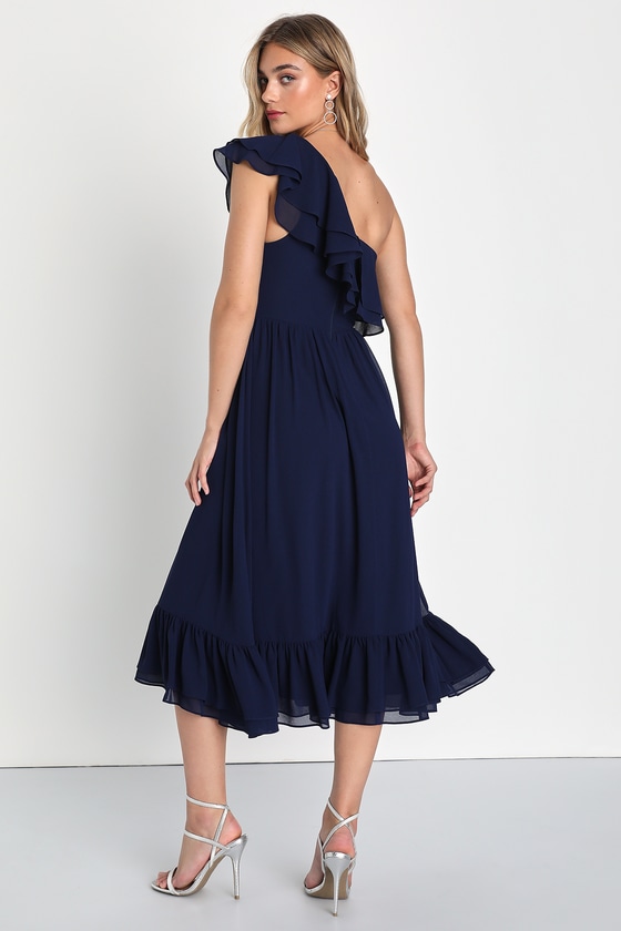 Navy Blue Midi Dress Blue One Shoulder Dress Ruffled Dress Lulus