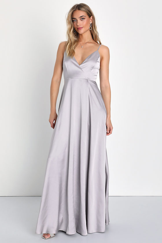 Gorgeous Silver Dress - Surplice Gown - Satin Maxi Dress - Lulus