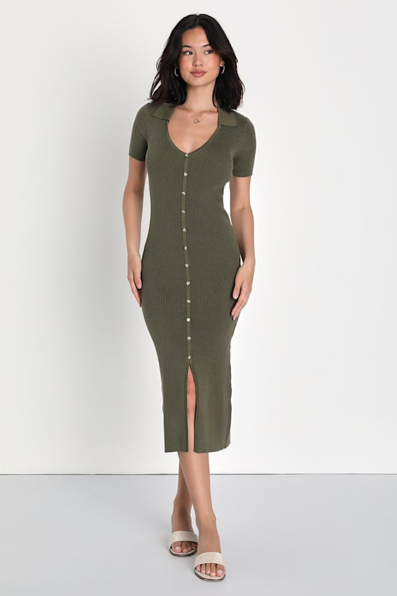 Green Ribbed Dress - Collared Midi Dress - Short Sleeve Dress - Lulus