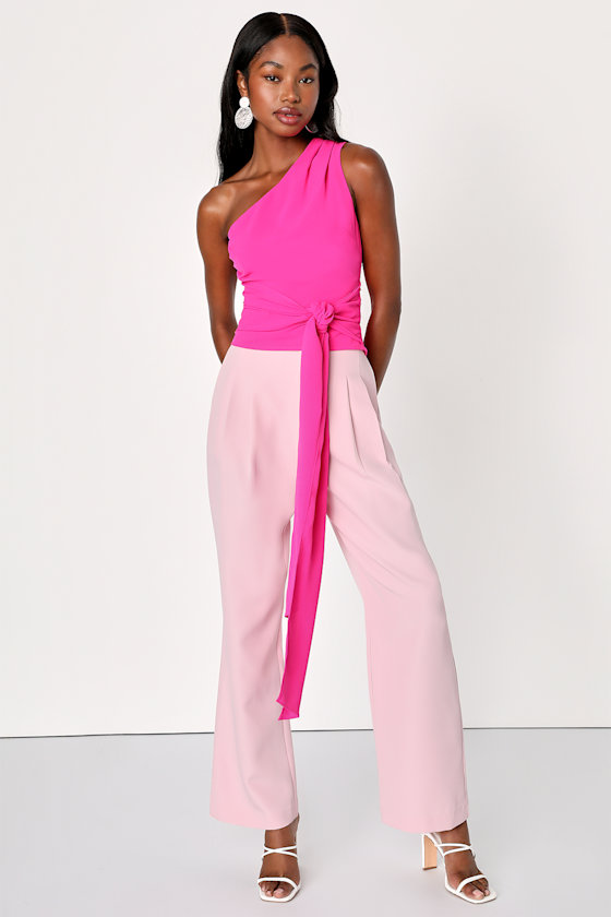 Hot Pink Sleeveless Top - One-Shoulder Top - Tie-Front Top - Lulus