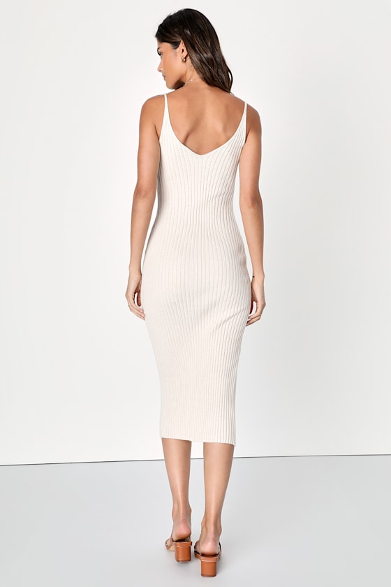Beige Ribbed Midi Dress - Button-Front Midi Dress - Bodycon Dress - Lulus