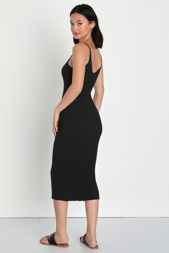 Black Ribbed Midi Dress Button Front Midi Dress Bodycon Dress Lulus