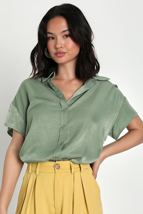 Green Short Sleeve Top - Button-Up Top - Simple Top - Lulus