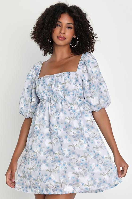 Blue Floral Babydoll Dress - Puff Sleeve Mini -Tie-Back Dress - Lulus