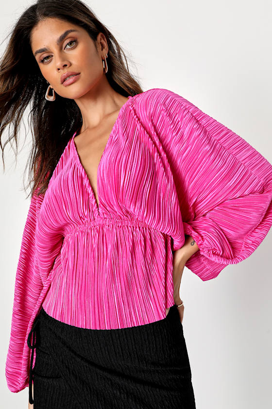Magenta Satin Top - Satin Plisse Top - Long Sleeve Top - Tops - Lulus