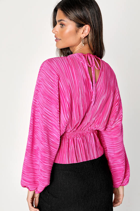 Magenta Satin Top - Satin Plisse Top - Long Sleeve Top - Tops - Lulus