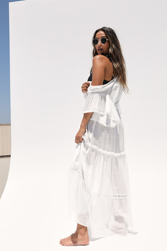 White Tiered Swim Cover-Up - Drawstring Cover-Up - Maxi Cover-Up - Lulus