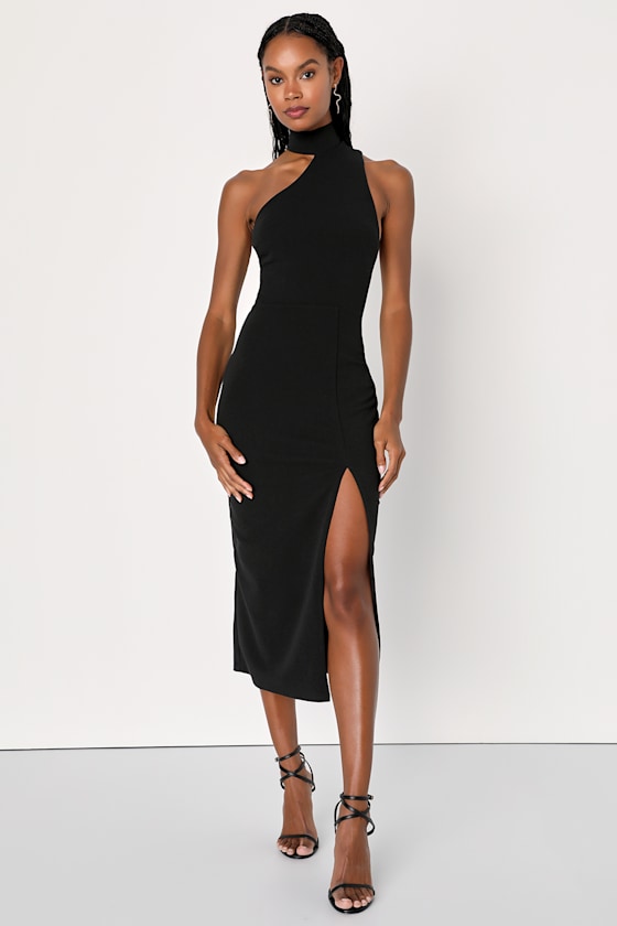 Black Asymmetrical Dress - Halter Midi Dress - Cutout Midi Dress - Lulus