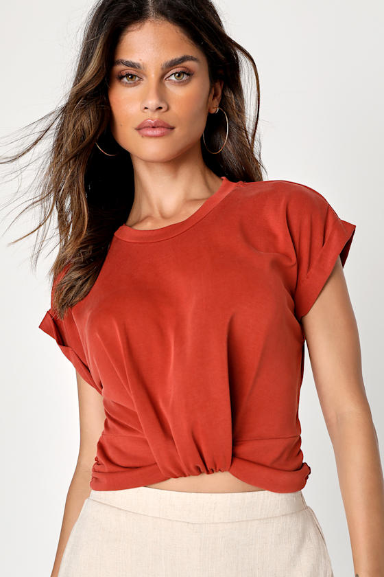 Rust Orange Crop Top - Knot-Front Top - Short Sleeve Top - Lulus