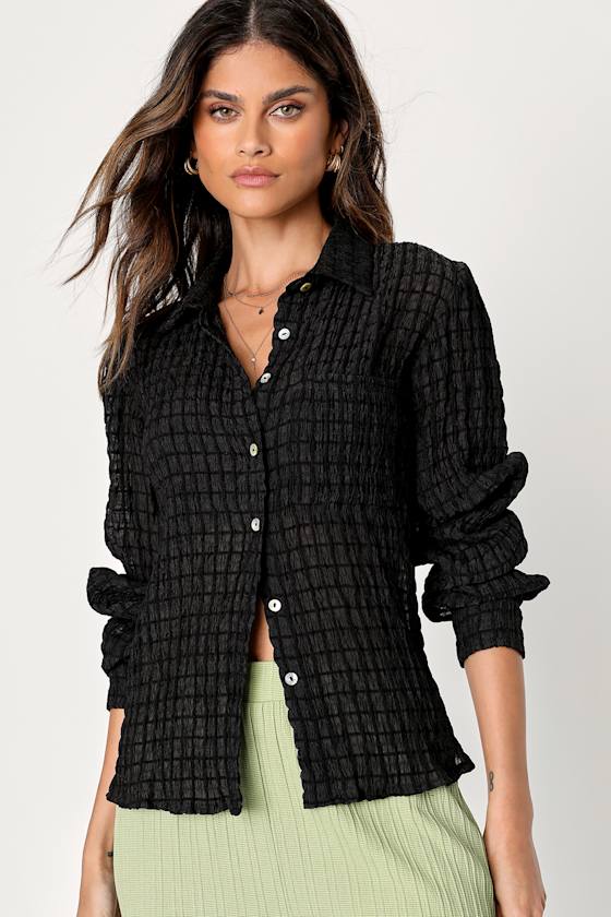 Black Crinkled Top - Button-Up Top - Semi Sheer Blouse - Lulus