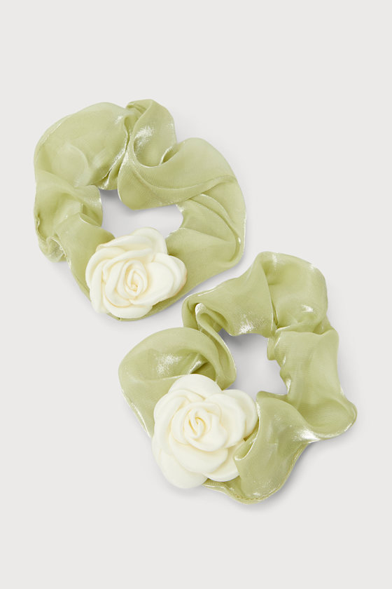 Green Shiny Scrunchie - Flower Scrunchie - 2PC Scrunchie Set - Lulus