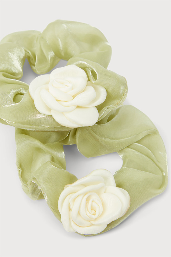 Green Shiny Scrunchie - Flower Scrunchie - 2PC Scrunchie Set - Lulus
