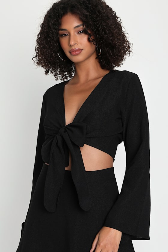 Black Tie-Front Top - Crop Top - Long Sleeve Top - Women's Tops - Lulus
