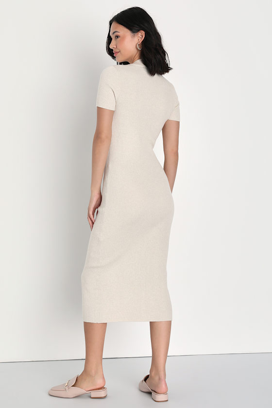 Beige Ribbed Dress - Collared Midi Dress - Short Sleeve Dress - Lulus