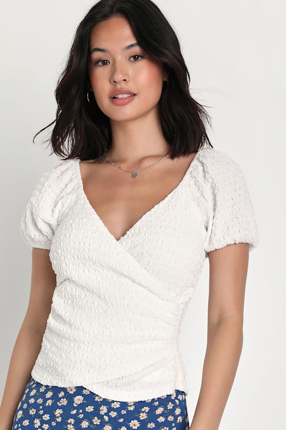 White Textured Top - Puff Sleeve Top - Surplice Top - Lulus