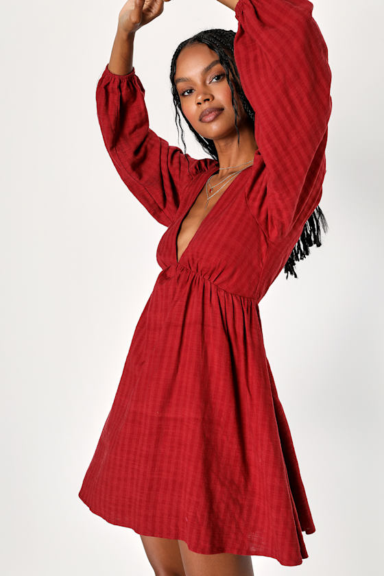 Red Striped Mini Dress - Balloon Sleeve Dress - Babydoll Dress - Lulus
