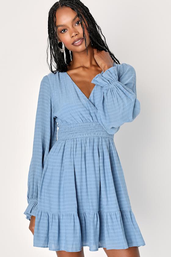 Slate Blue Striped Dress - Tiered Mini Dress - Long Sleeve Dress - Lulus