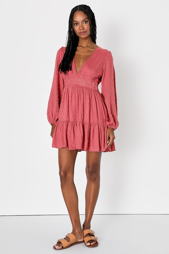 Rusty Rose Clip Dot Dress - Tiered Long Sleeve Dress - Mini Dress - Lulus