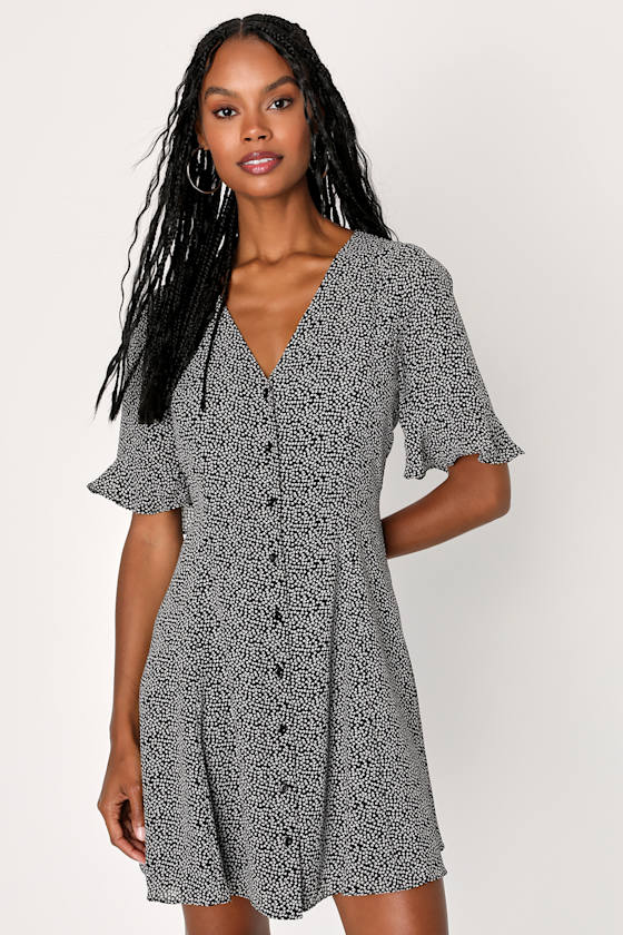 Black and White Print Dress - Blue Button-Up Dress - Mini Dress - Lulus