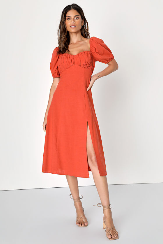 Rust Orange Midi Dress - Puff Sleeve Midi Dress - Linen Dress - Lulus