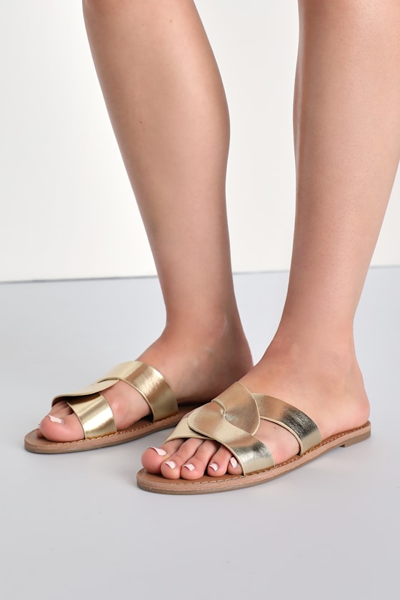 Cute Gold Sandals - Flat Slide Sandals - Strappy Slide Sandals - Lulus